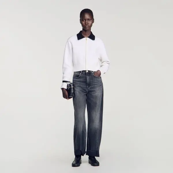 Sandro Cable Knit Velvet Collar Cardigan