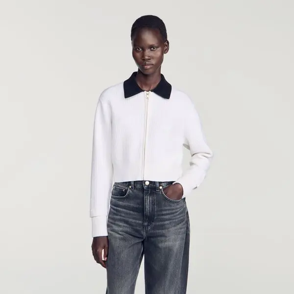 Sandro Cable Knit Velvet Collar Cardigan
