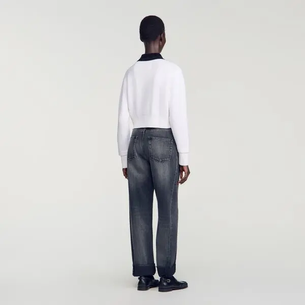 Sandro Cable Knit Velvet Collar Cardigan