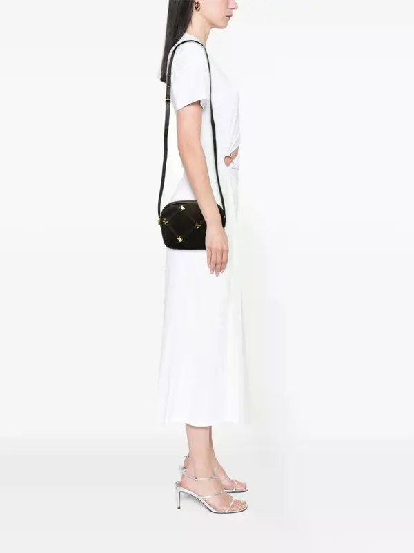 FERRAGAMO 2000-2026 Studded Suede Vara Crossbody Bag - Black