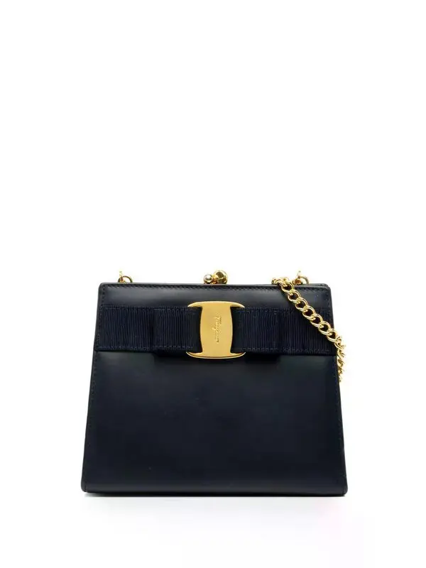FERRAGAMO 20th Century Leather Vara Bow Kiss Lock Chain Crossbody Bag - Blue