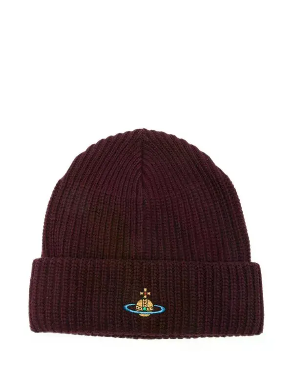 VIVIENNE WESTWOOD Orb-embroidered Ribbed-knit Beanie Hat - Red
