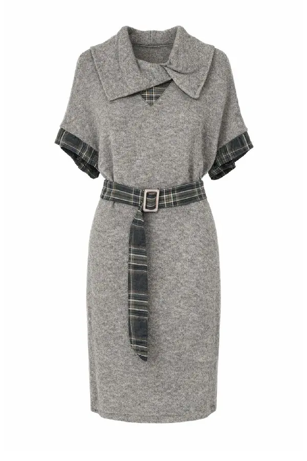 CONQUISTA Belted Knit Dress With Plaid Accents & Soft Collar