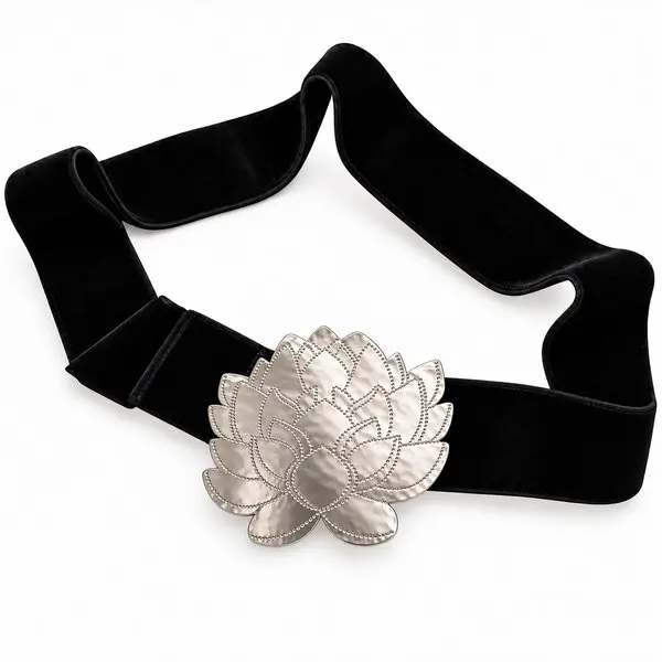RARE MATTERS JEWELRY Silver / Black Artisan Hammered Lotus Jewel Belt - Silver/black
