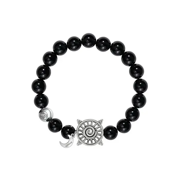 AUROZIA Black / Silver Three Charms Solar Meridian White Gold Plated Sundial And The Sun Coin Black Agate Beaded Bracelet L - Black/silver