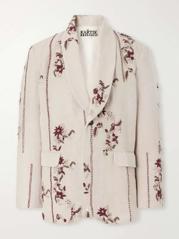 KARTIK RESEARCH Bead-embellished Embroidered Shawl-collar Linen Blazer