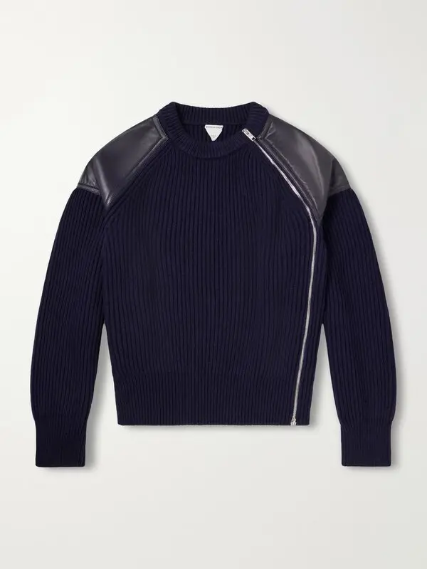 Bottega Veneta Leather-trimmed Ribbed Wool And Cashmere-blend Zip-up Sweater