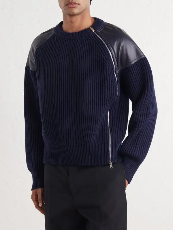 Bottega Veneta Leather-trimmed Ribbed Wool And Cashmere-blend Zip-up Sweater