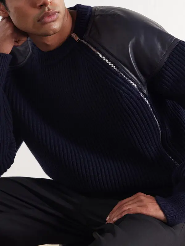 Bottega Veneta Leather-trimmed Ribbed Wool And Cashmere-blend Zip-up Sweater