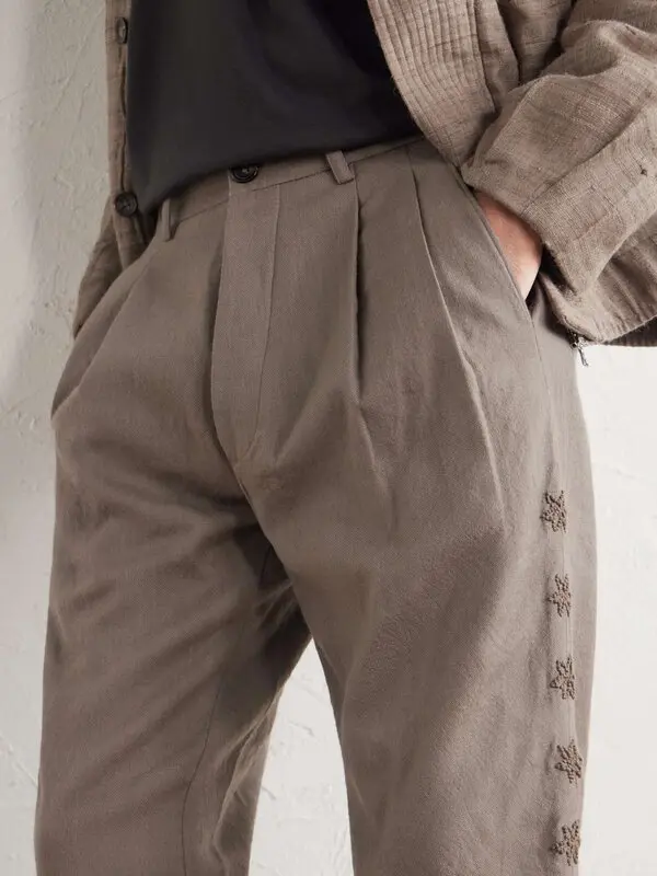 KARTIK RESEARCH Embroidered Pleated Straight-leg Wool-canvas Trousers