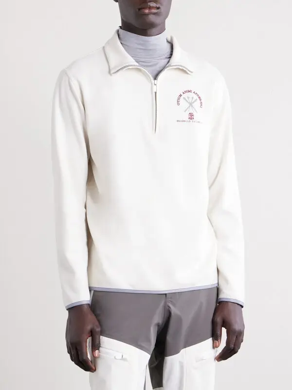 Brunello Cucinelli Logo-embroidered Cashmere-blend Half-zip Ski Mid Layer - Neutrals