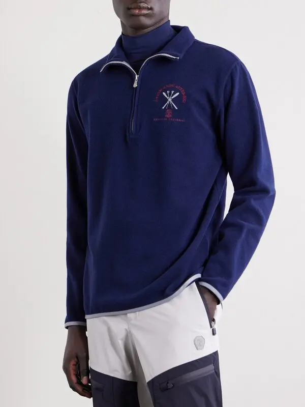 Brunello Cucinelli Logo-embroidered Cashmere And Cotton-blend Half-zip Ski Mid Layer - Blue