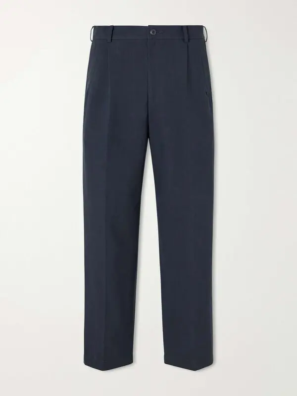ATON Pleated Tapered Cotton Trousers - Navy