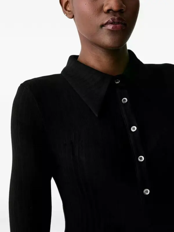 LA MANIA Ribbed-knit Long-sleeve Polo Shirt - Black