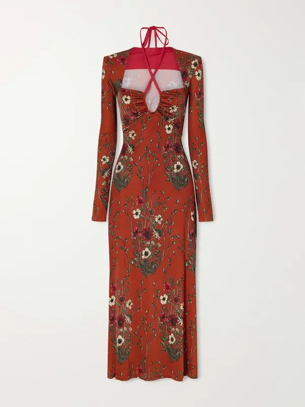 Johanna Ortiz Festive Performance Gathered Floral-print Stretch-jersey Midi Dress - Brick