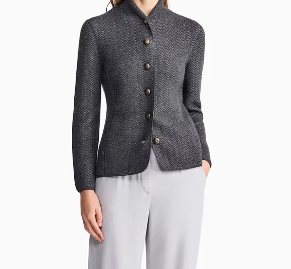 Giorgio Armani Herringbone Cashmere Knit Jacket With Stand Collar