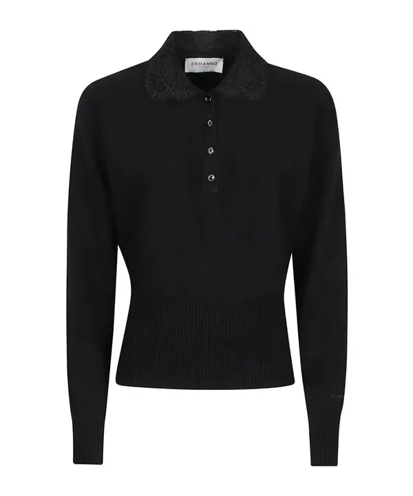 ERMANNO FIRENZE Lace-collar Polo Top - Black