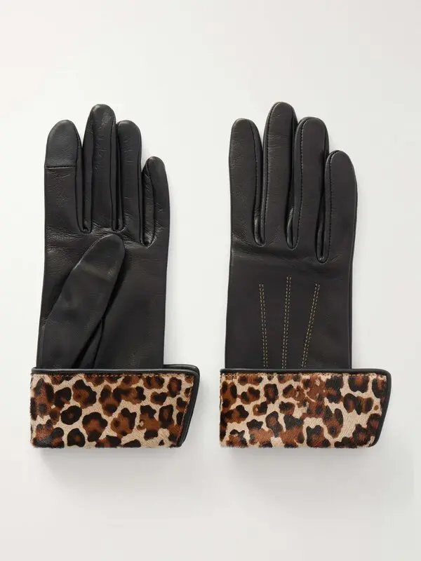 AGNELLE Fannycalf Animal-print Calf Hair-trimmed Leather Gloves - Black
