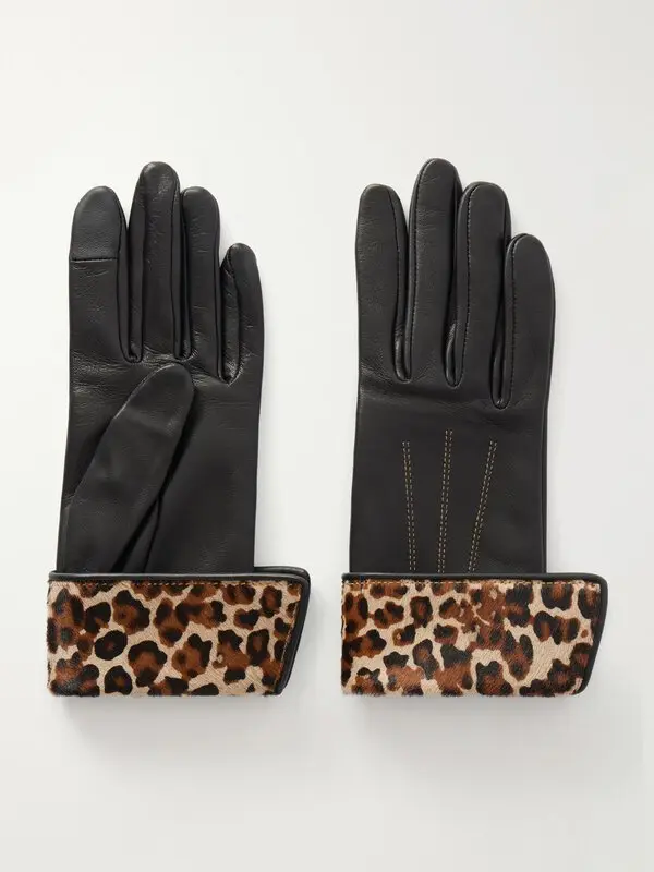 AGNELLE Fannycalf Leopard-print Calf Hair-trimmed Leather Gloves - Black