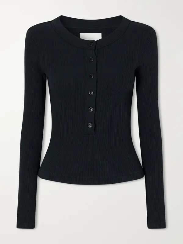 Citizens Of Humanity Varra Ribbed Stretch Cotton And Lyocell-blend Henley Top - Green