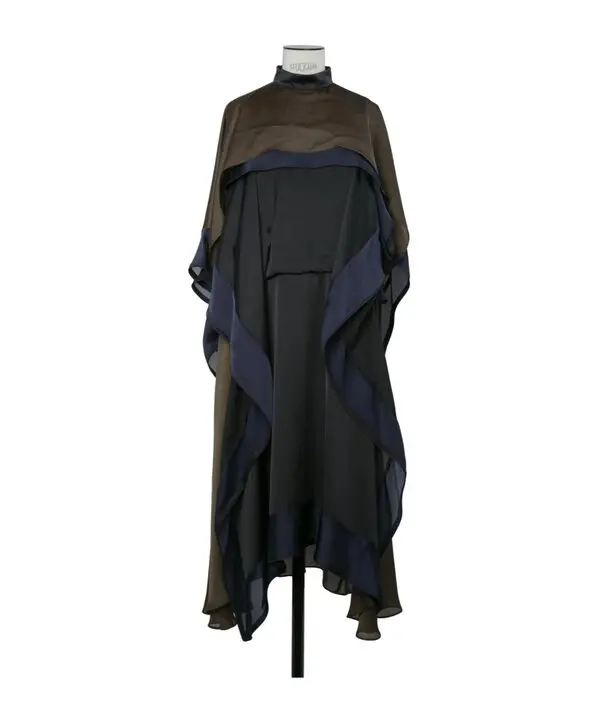 Sacai Ruffled Layered-design Asymmetric Dress - Black/navy/brown