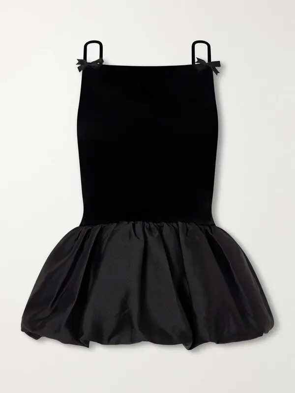 SELF-PORTRAIT Bow-detailed Peplum Satin-trimmed Velvet Top