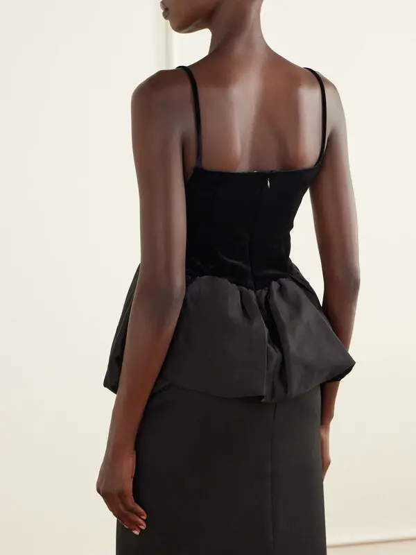 SELF-PORTRAIT Bow-detailed Peplum Satin-trimmed Velvet Top