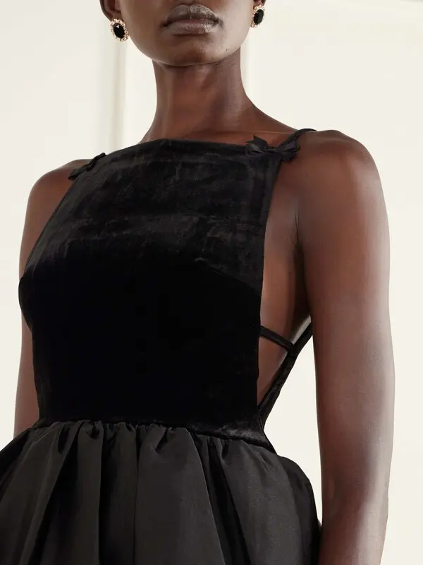 SELF-PORTRAIT Bow-detailed Peplum Satin-trimmed Velvet Top