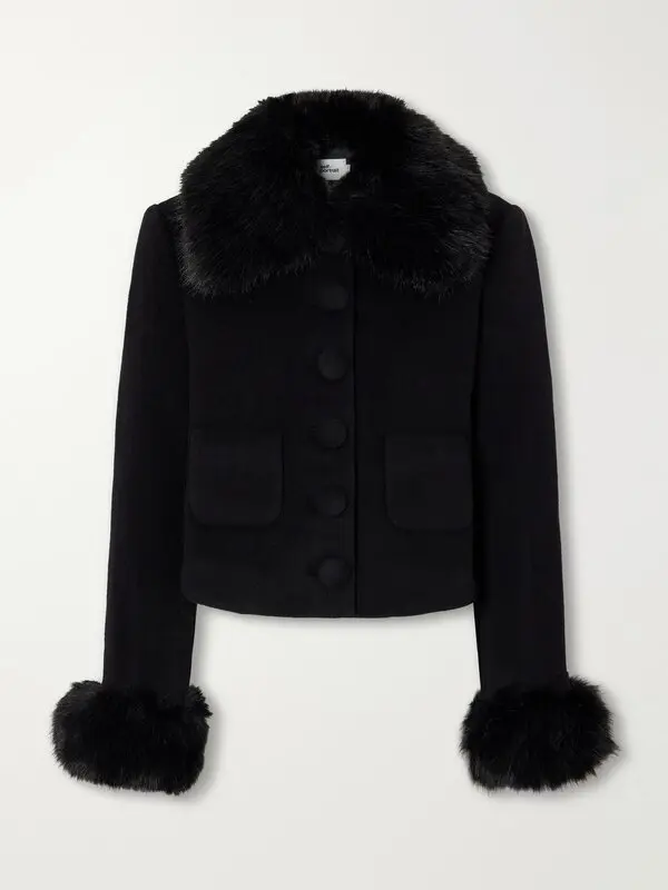 SELF-PORTRAIT Cropped Plush-trimmed Wool-blend Jacket