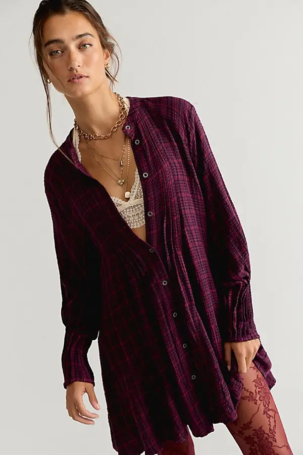 Free People Backroads Plaid Button Down Mini Dress - Plum Combo