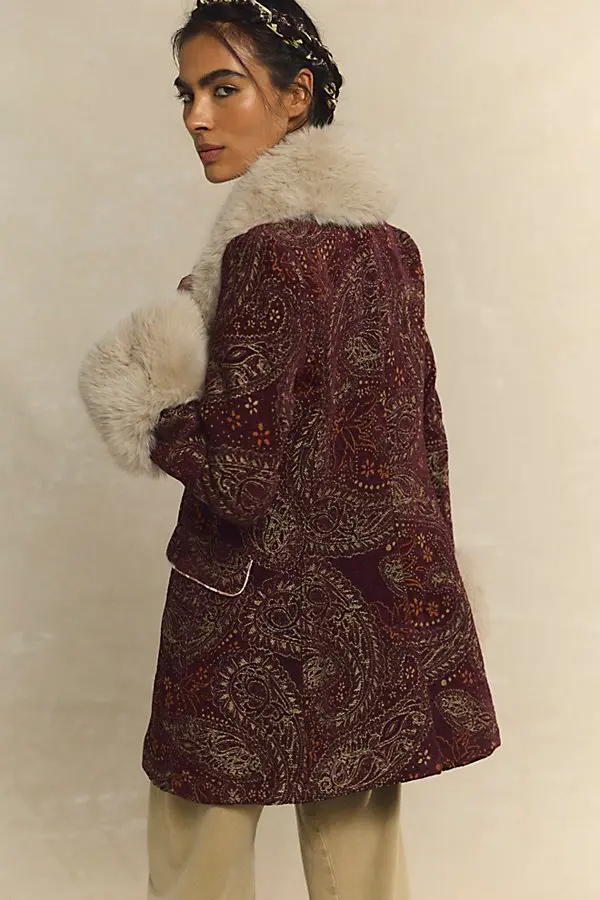 Free People Mercer Faux Fur Collar Tailored Coat - Deep Wine Combo