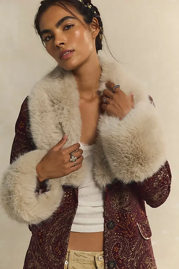 Free People Mercer Faux Fur Collar Tailored Coat - Deep Wine Combo
