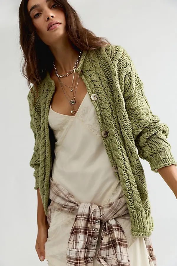 Free People Opal Rollneck Knit Cardigen - Iguana