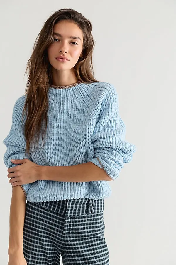 Free People Low Tide Crew Neck Knit Pullover - Clear Sky