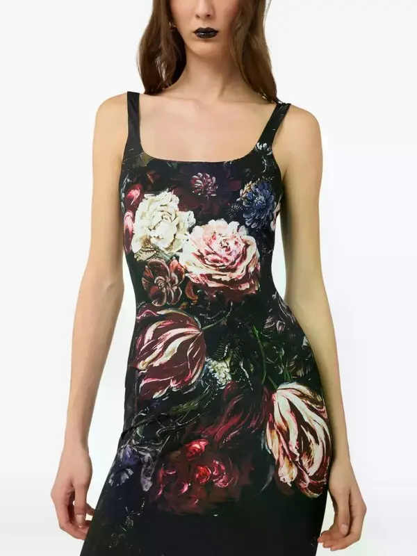 Roberto Cavalli Floral-print Square-neck Midi Dress