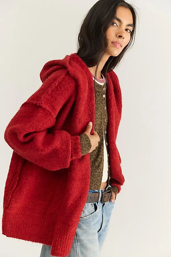 Free People Thistle Hooded Oversized Cardigen - Deep Cherry Combo