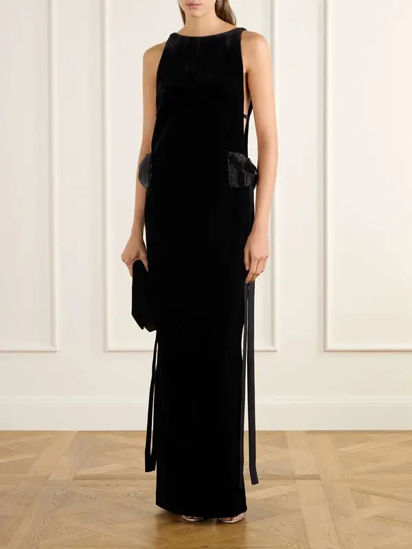 SELF-PORTRAIT Bow-detailed Embellished Velvet Maxi Dress