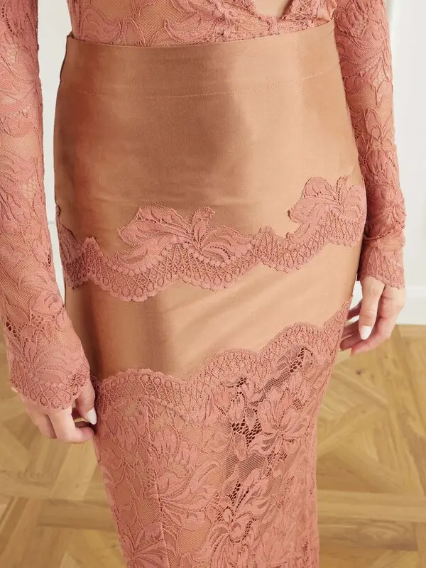 Rabanne Lace-trimmed Stretch-satin Midi Skirt