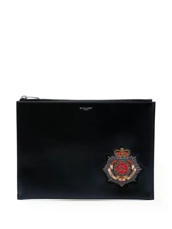 Saint Laurent 2018 Embroidered Crest Calfskin Zippered Clutch Bag
