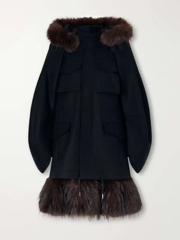 Sacai Padded Plush-trimmed Wool Coat