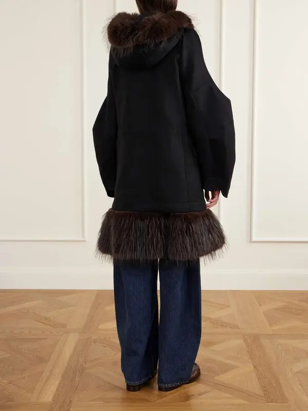Sacai Padded Plush-trimmed Wool Coat