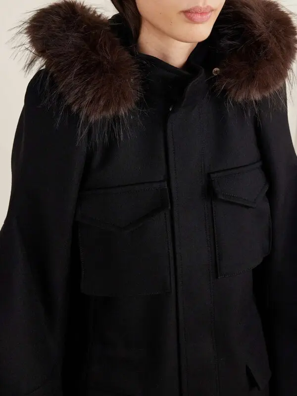 Sacai Padded Plush-trimmed Wool Coat