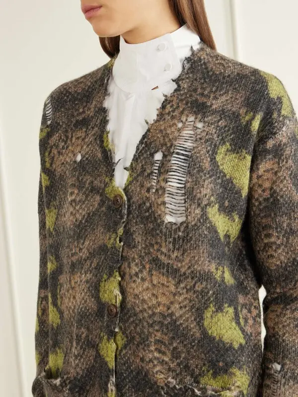 R13 Distressed Animal-print Cashmere Cardigan