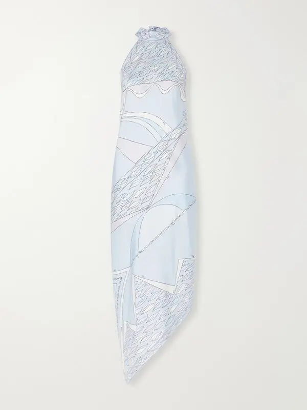 Emilio Pucci Asymmetric Printed Silk-twill Halterneck Midi Dress - Blue