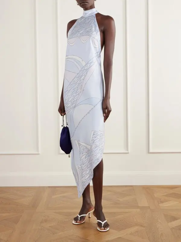 Emilio Pucci Asymmetric Printed Silk-twill Halterneck Midi Dress - Blue