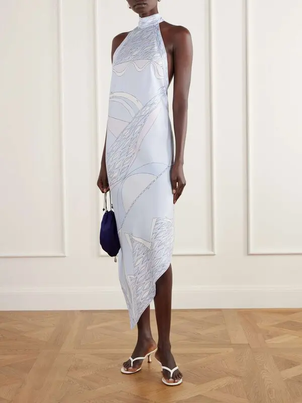 Emilio Pucci Asymmetric Printed Silk-twill Halterneck Midi Dress