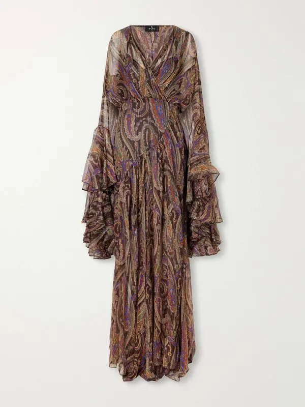 Etro Draped Ruffled Printed Metallic Silk-blend Crepon Maxi Dress