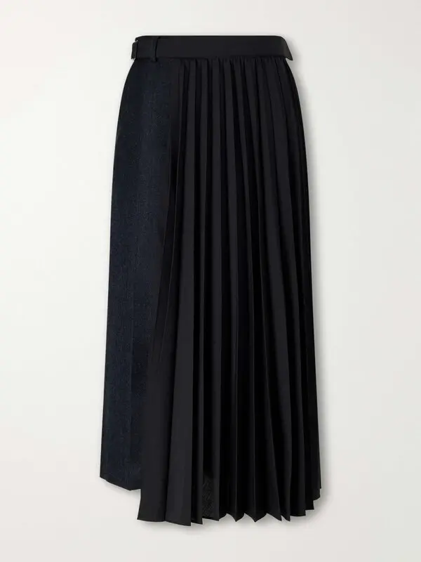 Sacai Pleated Herringbone Wool-blend Midi Skirt