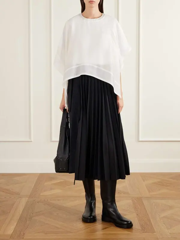 Sacai Pleated Herringbone Wool-blend Midi Skirt