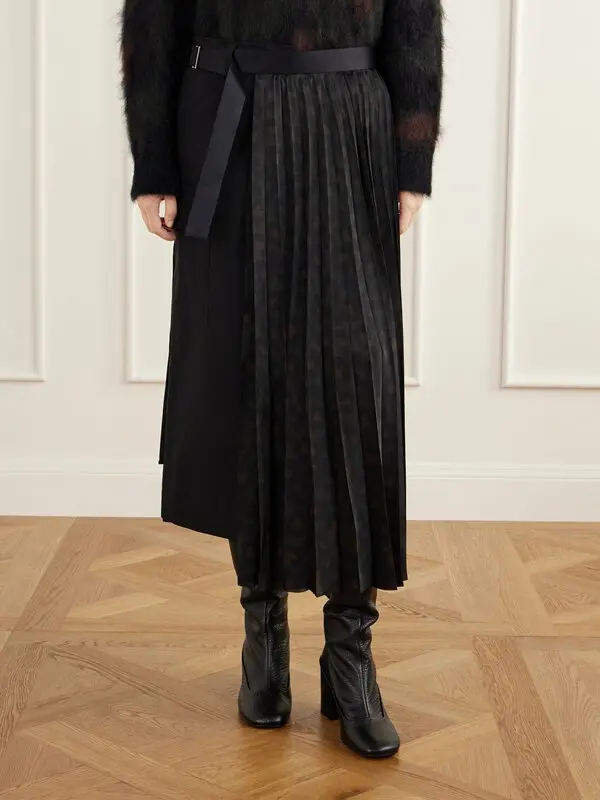 Sacai Pleated Leopard-print Jersey And Satin Midi Skirt